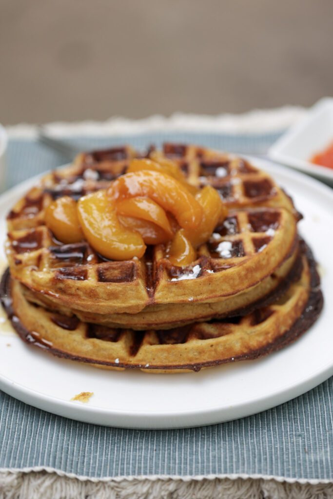 Fluffy Sweet Potato Waffles with Peach Maple Syrup - Food Fidelity
